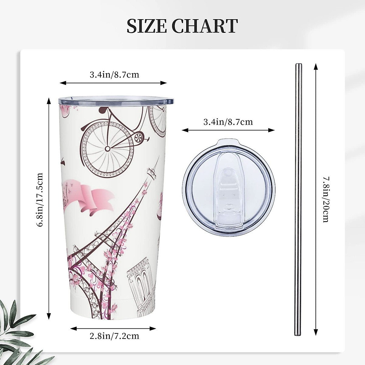 MORYEN 20 OZ Tumbler Double Wall Stainless Steel Cup Romantic Paris Butterfly Eiffel Printed Vacuum Insulated Coffee Cups Car Mug Home Office Travel