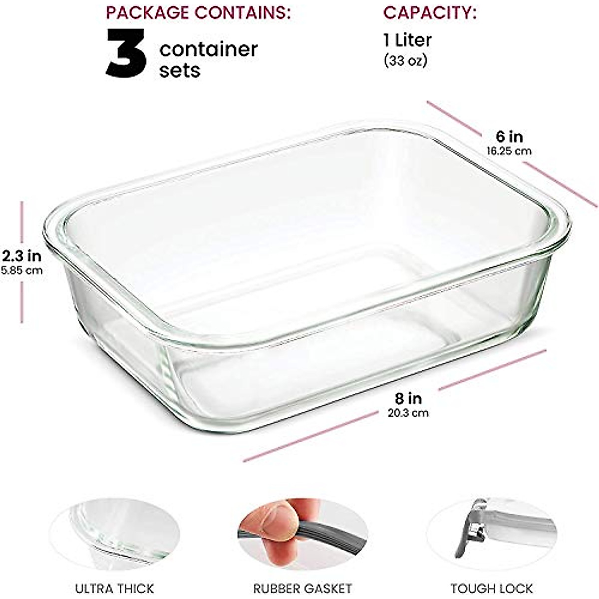 Prime Cook Glass Food Container/storage In Rectangle 3 Pieces Set