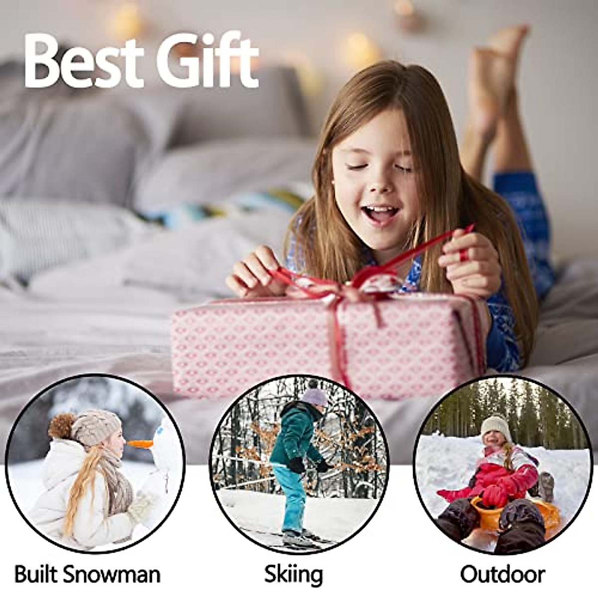 Kids Winter Hat Gloves Scarf Set Knit Beanie for Girls Boys Neck Warmer Thick Fleece Lining Thermal with Cute Pom Pom Purple Warm Cap for 6-10 Years Old Toddler, Gift for Children