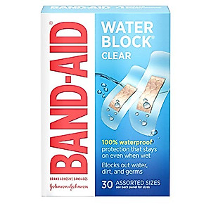 Band-Aid Brand Water Block Clear Waterproof Sterile Adhesive Bandages for First-Aid Wound Care of Minor Cuts and Scrapes, Assorted Sizes, 30 ct