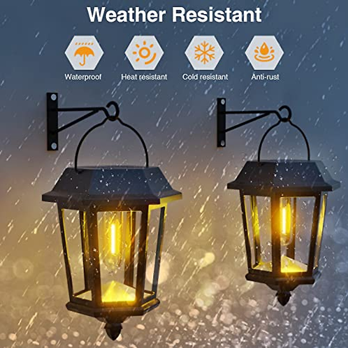 2 Pack Solar Lanterns Outdoor Waterproof Hanging Lights, Metal Solar Hanging Lanterns Outdoor with Clear Glass & Hook, Anti-Rust LED Solar Wall Lantern Sconce Light Fixture for Garden, Porch, Fence