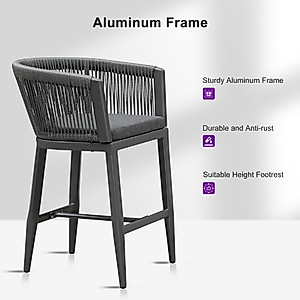 PURPLE LEAF Counter Height Bar Stools Set of 2 Rattan Bar Stools with Cushions Outdoor Bar Chairs for Outdoor or Indoor Kitchen Backyard Poolside Patio Grey