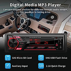 Bluetooth Single Din Car Radio: Marine Stereo Receivers - Multimedia Car Audio with AM FM | USB SD AUX-in | 2.1A Quick Charge | APP Control | LCD Display