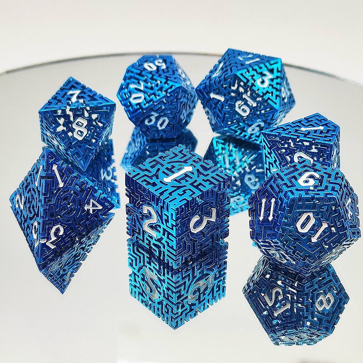 DND Polyhedral Hollow Metal Dice Set RPG Maze Design D&D Dungeons and Dragons D and D MTG Weighted Pathfinder Board Game D4 D6 D8 D10 D% D12 D20 (with Free Metal Storage Box) Dice-Blue
