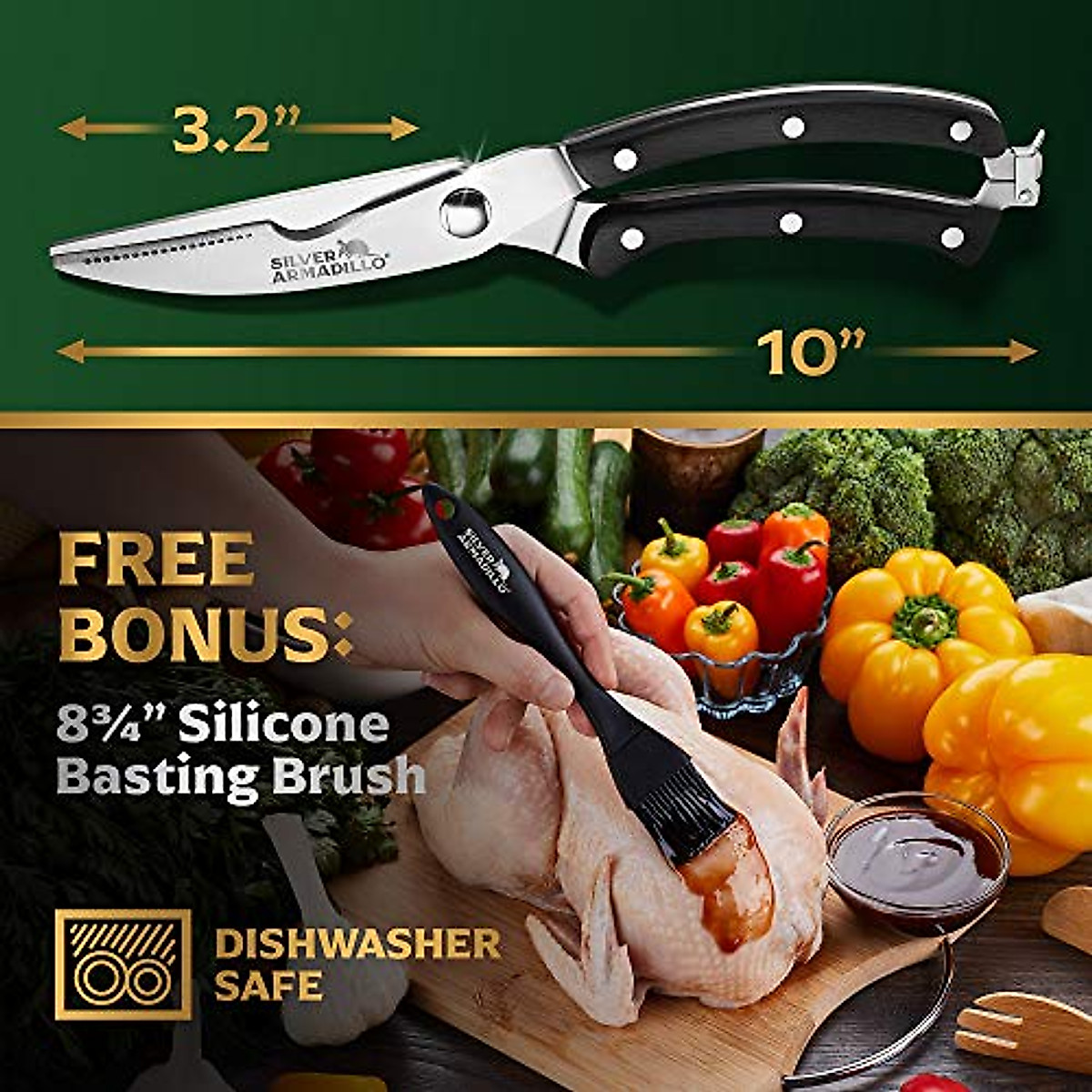 Heavy Duty Stainless Steel Poultry Shears For Bone, Chicken, Meat, Fish, Seafood, Vegetables. Premium Spring Loaded Food Scissors. One piece Kitchen Shears. (Black Wooden Handles)