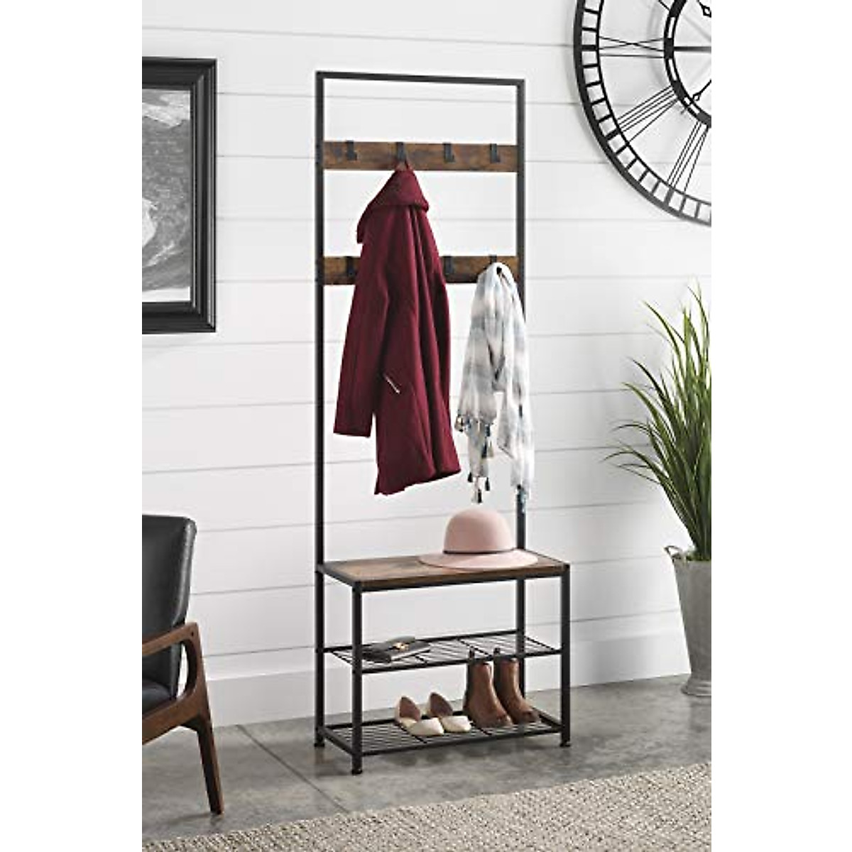 Whitmor Modern Industrial Entryway Coat Rack Hall Tree w/Shoe Storage, Rustic Brown