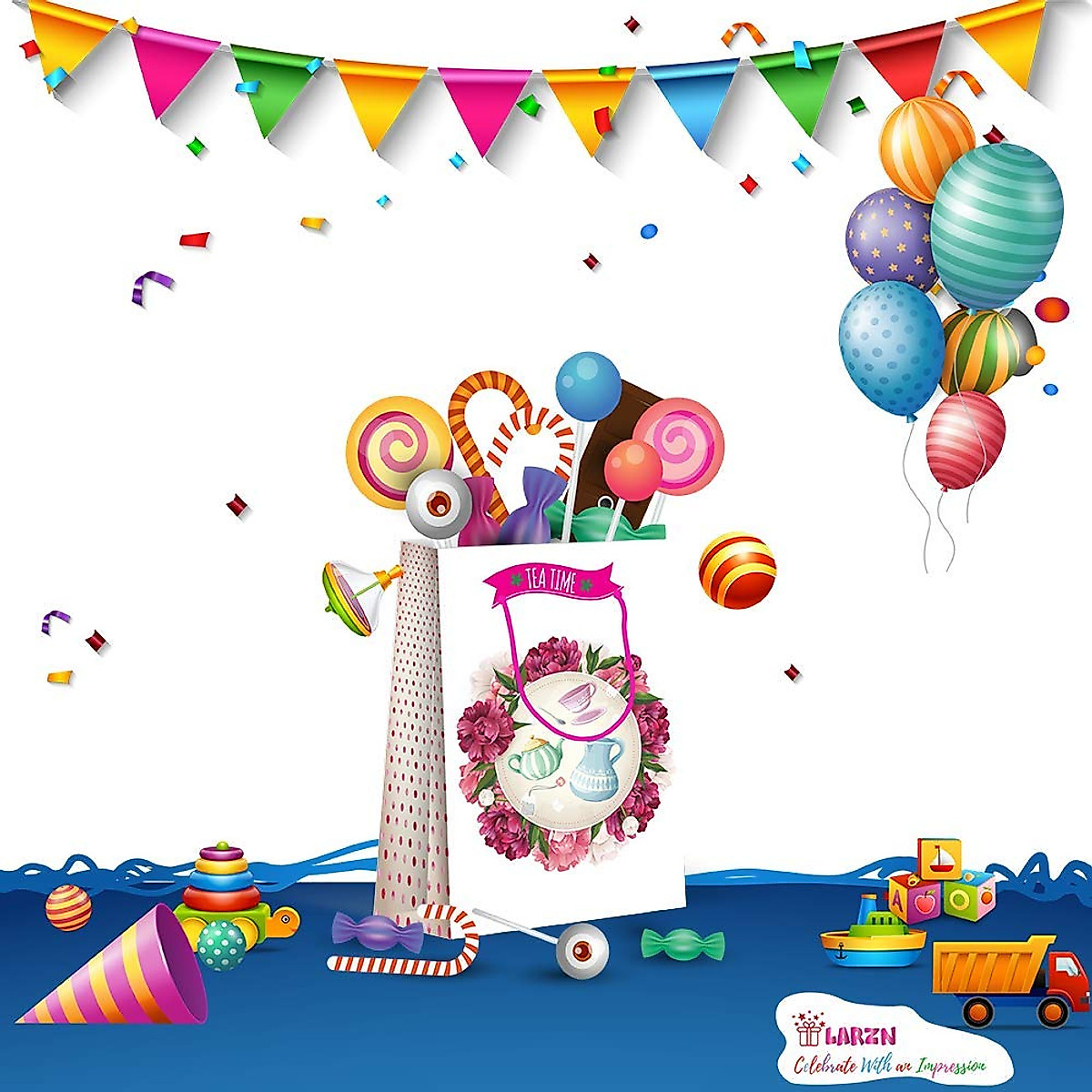 LARZN - Celebrate With an Impression Premium Tea Party Bags, Party Favor Bags, New, Treat Bags, Gift Bags, Goody Bags, Party Favors, Party Supplies, Decorations, 12 Pack