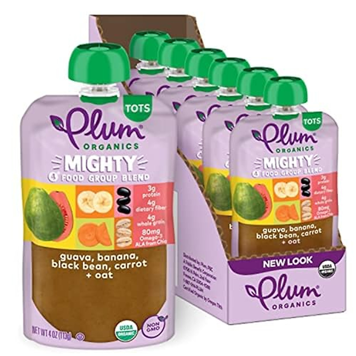 Plum Organics Mighty 4 Organic Toddler Food - Guava, Banana, Black Bean, Carrot, and Oat - 4 oz Pouch (Pack of 6) - Organic Fruit and Vegetable Toddler Food Pouch