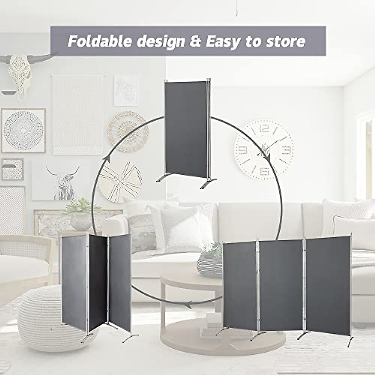 Maxhonor 3 Panels Room Divider 6 FT Tall Weave Material Room Divider, Double Hinged Folding Privacy Screens, Freestanding Room Dividers, Grey