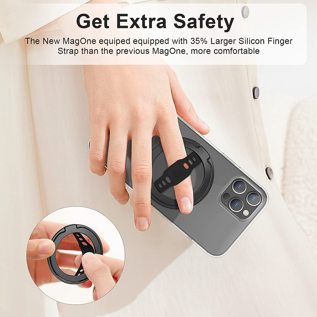 EWA MagOne 2023 (Edition Aluminium) [Compatible with Magsafe] Phone Grip Stand with Silicone Finger Strap, Removable Magnetic Ring Holder Kickstand Loop, for iPhone 15, 14, 13, 12 Pro/Max