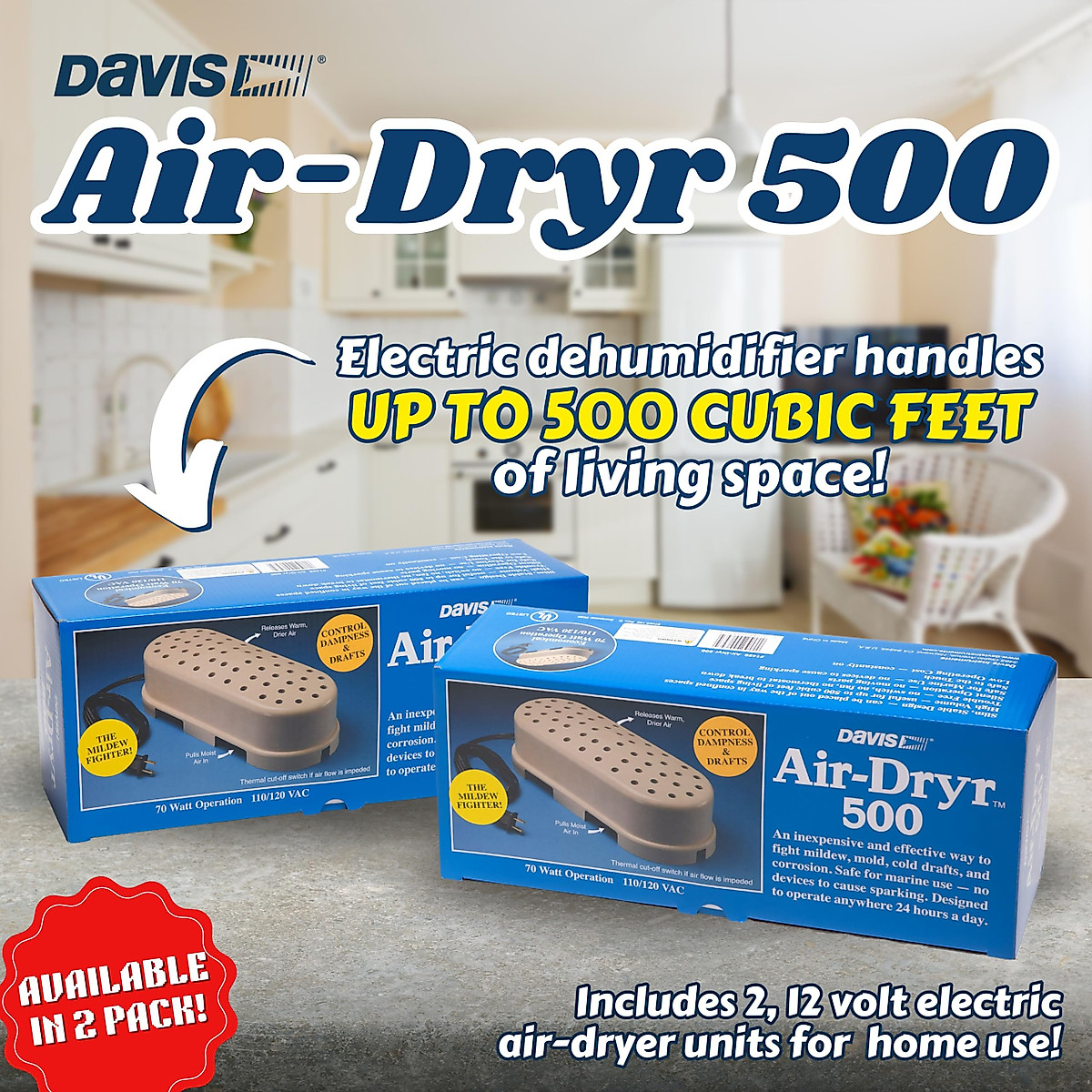 Davis Instruments Air-Dryr 500 Dehumidifier Bundle (2 Pack) Quiet Boat Dehumidifier for Moisture Problems and Wet Air Solution - Portable Dehumidifier for RVs, Campers, Boats, Home, Office and More!