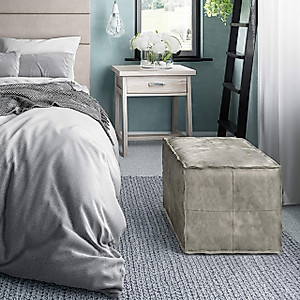 SIMPLIHOME Brody Square Pouf, Footstool, Upholstered in Distressed Grey Faux Leather, for the Living Room, Bedroom and Kids Room, Transitional, Boho