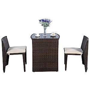 HAPPYGRILL 3PCS Patio Wicker Bistro Set Outdoor Rattan Dining Set Patio Furniture Set with Cushions, Space Saving Design, No Assembly Required