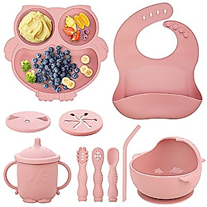Baby Weaning Set, Silicone Baby Feeding Set(10 Pcs), Toddler Weaning Set with Adjustable Bib, Suction Bowl, Plate, Fork, Spoon, Water & Snack Cup Kit for Babies, Toddler and Kids(Pink)