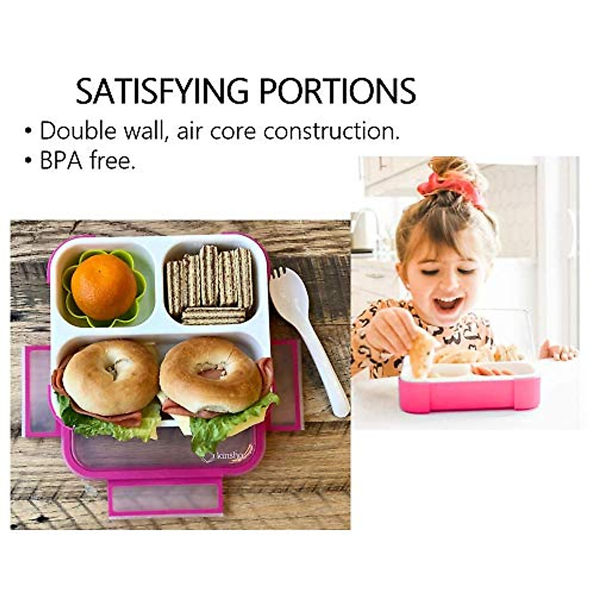 kinsho Bento Box for Kids, Toddler Lunch-Box Snack Container for Small Boys Girls in School Pre-School Daycare, Leakproof 3 Compartment Containers for Snacks, BPA Free. Medium Orange Pink 2 pack