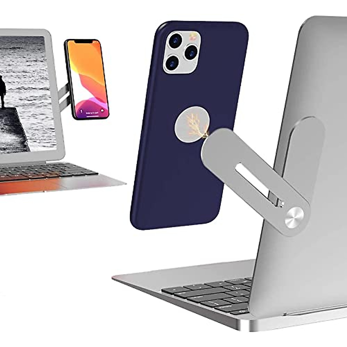 Magnetic Laptop Phone Holder | Side Mount Clip Stand Computer Monitor Expansion Bracket Slim Portable Foldable Smartphone Improve Office Efficiency, Silver