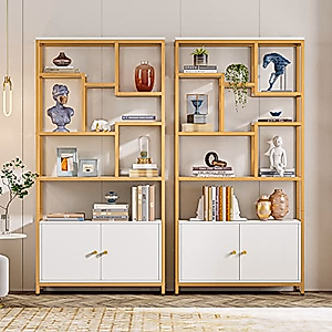 Tribesigns White Gold Bookshelf Bookcase with Doors 74 Inches Tall Bookshelf, Modern Gold Bookshelf 6 Tier Display Shelf Etagere Bookcase Narrow Metal Bookshelf for Living Room, Bedroom, Office