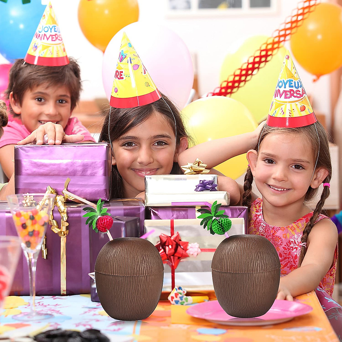 ALINK 18 Coconut Cups with 18 Straws and 18 Cocktail Drink Picks, Hawaiian Luau Tiki and Beach Party Decorations for Kids and Adults