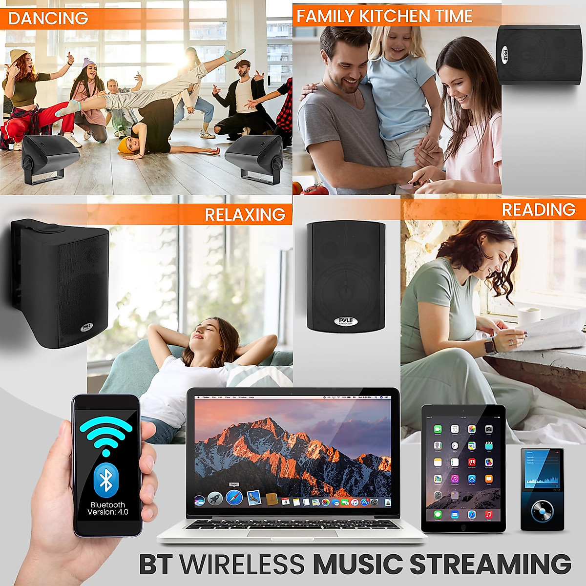 Pyle 6.5'' Wireless BT Streaming Speakers - Pro-Active, Wall Mountable, 100W MAX w/ 2-Way Full Range Stereo Sound Reproduction, Built-in Digital Sound Amplifier, Pair, Elegant Black Color - PDWR69BTB