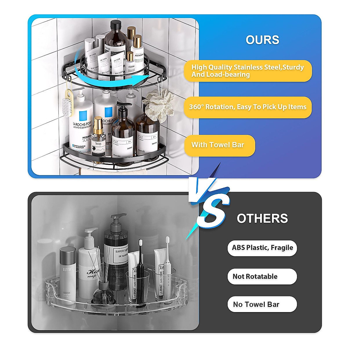 Seinloes Ratating Corner Shower Caddy,Stainless Steel corner Shower Storage Shelves,No Drilling Large Capacity Lazy Susan Shower Organizer,multifunctional wall mounted turntable for Bathroom &Kitchen