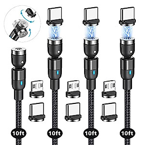 CJOY Magnetic Charging Cable(4 Pack 10ft+10ft+10ft+10ft), 540°Degree Rotation Magnetic USB Cable, Nylon Braided Magnetic Phone Charger, Charging Cable for Type C, Micro USB…