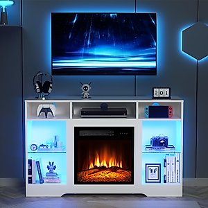 BREEZEHEAT Fireplace TV Stand for TVs Up to 55"-Led Entertainment Center-47 inch TV Stand with 18" Electric Fireplace-Bedroom Wooden TV Cabinet with Glass Shelves, Modern Media Console (White)