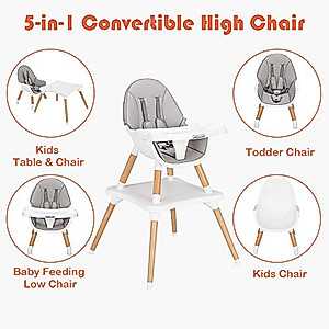 JOYMOR 5-in-1 Baby High Chair for Infants to Toddler, 4-Position Adjustable Wooden Eating Highchair with Leather Seat Cushion, Convertible Kids Table and Chair Set