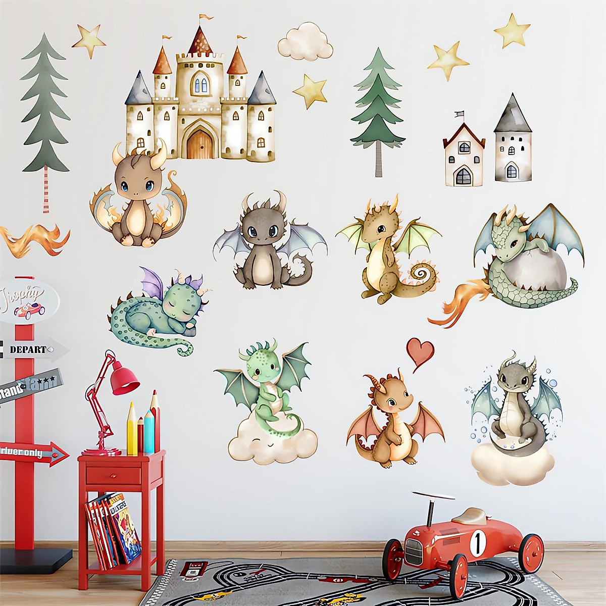 Cute Dinosaur Cub Wall Stickers, sacinora Baby Dinosaurs Cartoon Castle Animals DIY Wall Decals Removable Vinyl Peel and Stick for Boy Kids Nursery Living Room Bedroom Children's Room Art Decorations