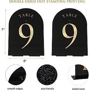 UNIQOOO Black Arch Wedding Table Numbers with Stands 1-30, Gold Foil Printed 5x7 Double Sided Acrylic Signs and Holders, Perfect for Centerpiece, Reception, Decoration, Party, Anniversary, Event