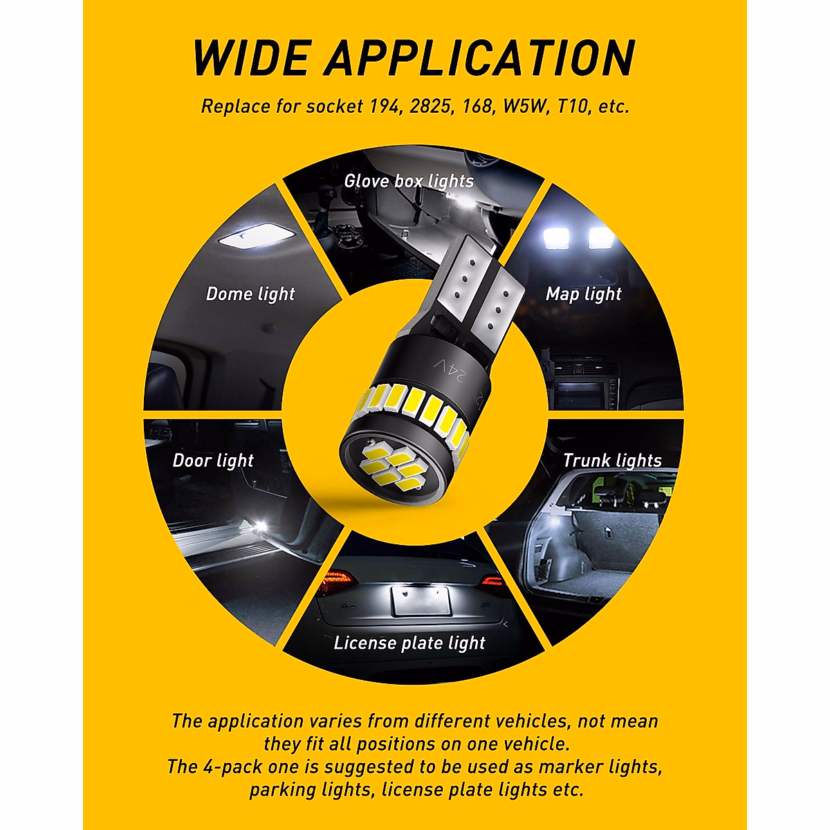 AUXITO 194 LED Light Bulb 6000K White 168 2825 W5W T10 Wedge 24-SMD 3014 Chipsets LED Replacement Bulbs Error Free for Car Interior Dome Map Door License Courtesy Dash Lights, Pack of 10