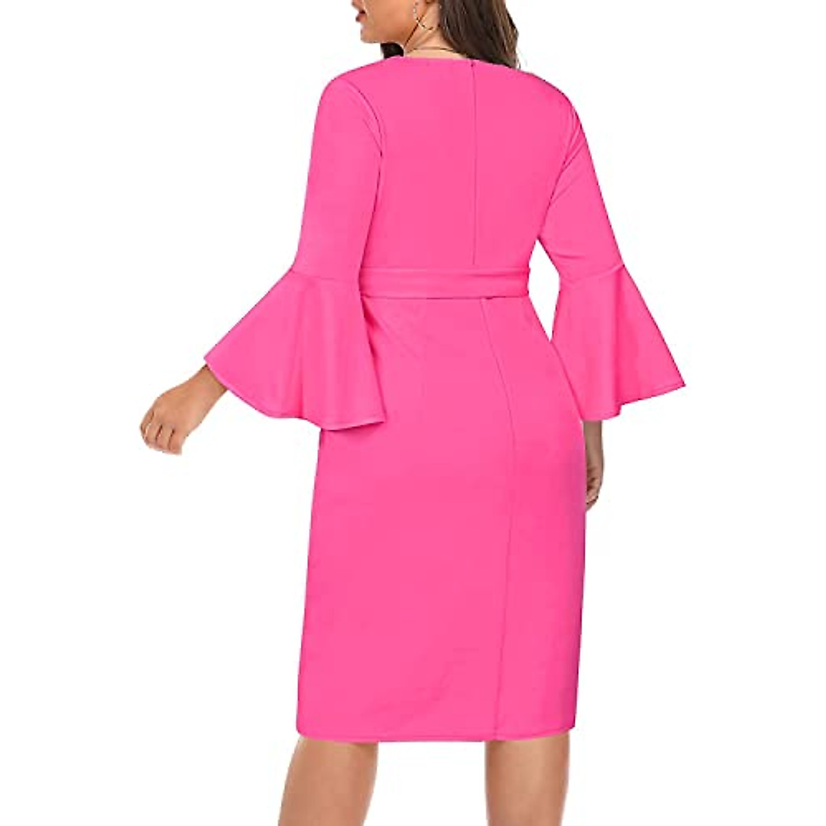 Hot Pink Barbie Dress Plus Size Wrap Around Cocktail Wedding Guest Bell Sleeve Elegant Evening Party Bodycon Dress Curvy Women