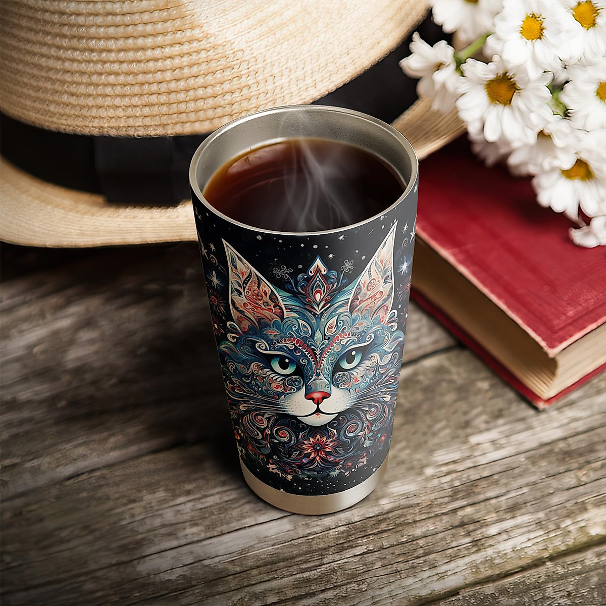 20oz Cute Beautiful Flower Cat Tumbler, Gifts for Cat Lovers, Coffee Thermos for Women, Stainless Steel Double Wall Vacuum Insulated Coffee Mug, Travel Cup with Lid