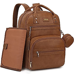 Leather Baby Diaper Bag Backpack with Portable Travel Changing Pad Girl Boy, Large Dad Brown Diaper Bags Pacifier Case Stroller Straps, Baby Registry Search Shower Gifts Stuff Newborn Must Haves