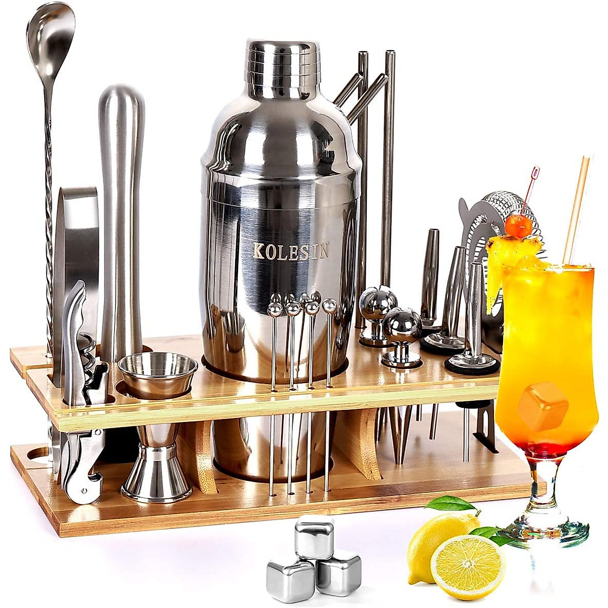Bartender Kit, 26-Piece Stainless Steel Bartender Kit with Stylish Bamboo Stand Home Cocktail Shaker Set Bar Set with Bar Mixer Best Bar Kit for Beginners
