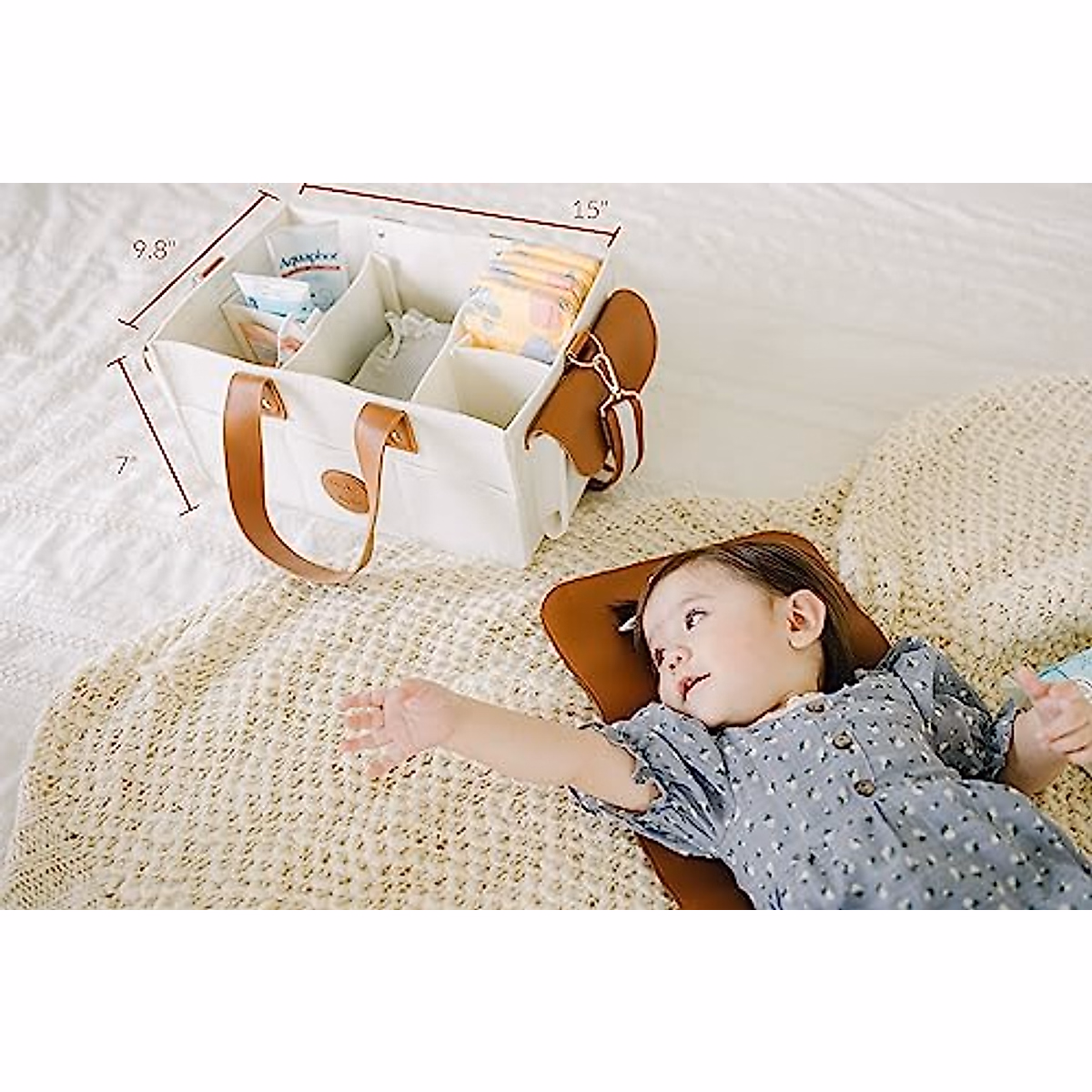 Baby Diaper Caddy Organizer with Changing Mat | Hanging Diaper Caddy Organizer | Diaper Organizer for Changing Table with Leather Handles | Car Diaper Caddy Organizer | Small Diaper Caddy Basket