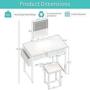 Lufeiya Small Makeup Vanity Desk with Fabric Drawers, 32 inch White Vanity Desks with Mirror and Light, Dressing Table and Chair Set with Power Outlet for Girls Bedroom, White