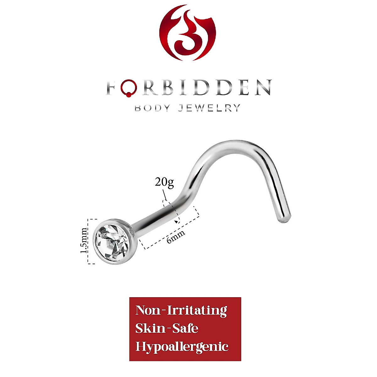 Forbidden Body Jewelry 20G Nose Rings Studs L Shape Nose Screw Titanium Press Fit Crystal Gem Nose Piercing Ring for Women and Men