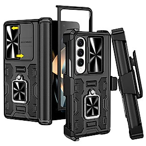 VEGO for Galaxy Z Fold 4 Case with Belt Clip Holster, 360°Ring Magnetic Kickstand & Camera Cover & Front Screen Protector, Hinge Protection Shockproof Armor Case for Samsung Z Fold 4 - Midnight Black