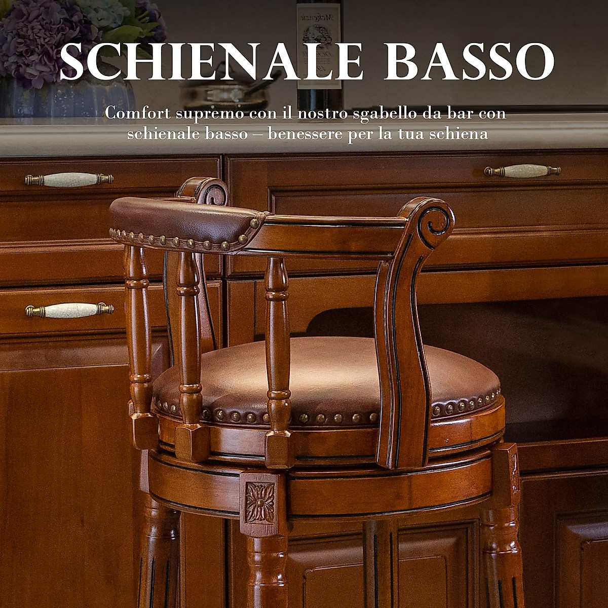 AULIFE Cow top Leather Wooden Bar Stools, 360 Degree Swivel Bar Height Chair with Backs for Home Kitchen Counter, Morden Chair Barstools (Brown 1pc, Bar Height-Seat Height 29.5”)