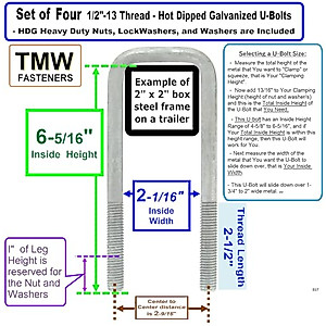 (4) HDG Hot Dipped Galvanized Square U-Bolt Boat Trailer U Bolt Ubolt 1/2" D x 2 1/16" W x 6 5/16" L
