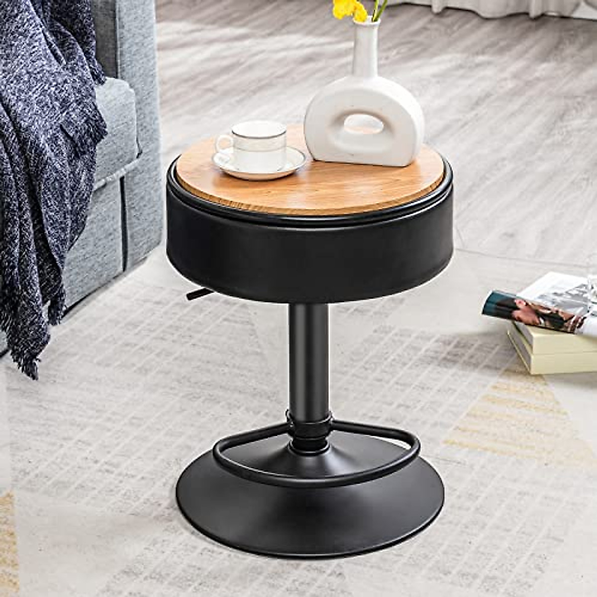 Round Storage Bar Stool Set of 2, Black Faux Leather Height Adjustable Barstool, 360°Counter Height Swivel Stool, Armless Bar Chair with Metal Frame for Kitchen Counter Dining Living Room