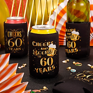 FANKUTOYS 60th Birthday Can Cooler Sleeves, Neoprene Beverage Bottle Can Sleeves - 60th Party Anniversary Decorations and 60th Birthday Gift for Men & Women, Black & Gold (12 Pcs)