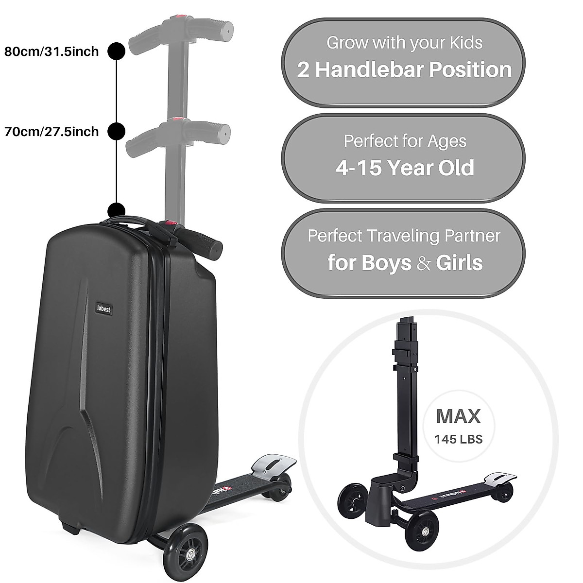 iubest Scooter Luggage Carry On Scooter Suitcase for Kids Age 4-15, Detachable & Foldable 4 in 1 Kids Suitcase, Multifunctional Ride On Travel Trolley Scooter Combo-Black
