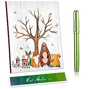 Woodland Fingerprints Tree Guest Book Baby Shower Guest Book with Ink Pad Wooden Plaque Alternative Guestbook with Ballpoint Pen Bears Sign in Guest Book Gift for Baby Shower Birthday Party Wedding