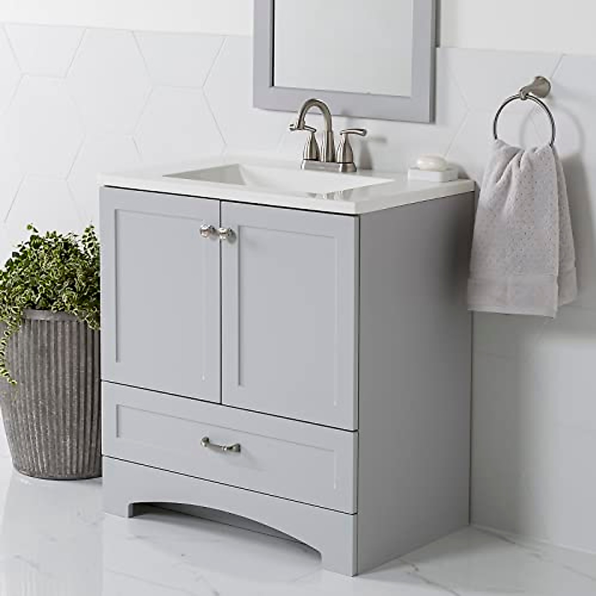 Spring Mill Cabinets Emlyn 30 Inch Bathroom Vanity with White Single Sink Top, 2-Door Cabinet, 1 Drawer, 30.5" W x 18.75" D x 32.89" H, Pearl Gray