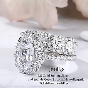 Jeulia Oval Cut Engagement Ring Set for Women Halo Sterling Silver Bridal Wedding Ring White Diamond Cubic Zirconia Eternity Band Ring with 3.95 ct Primary Stone,5.75ct Side Stone (6)