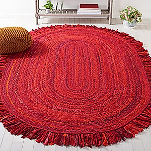 Safavieh Braided Collection Area Rug - 4' x 6' Oval, Red, Handmade Boho Fringe Reversible Cotton, Ideal for High Traffic Areas in Living Room, Bedroom (BRD451P)