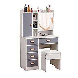 Vanity Desk Set with Mirror Hidden Storage,5 Drawers, Vanities Dressing Makeup Table with 3 Storage Cabinet, Vanity Set for Bedroom Studio White