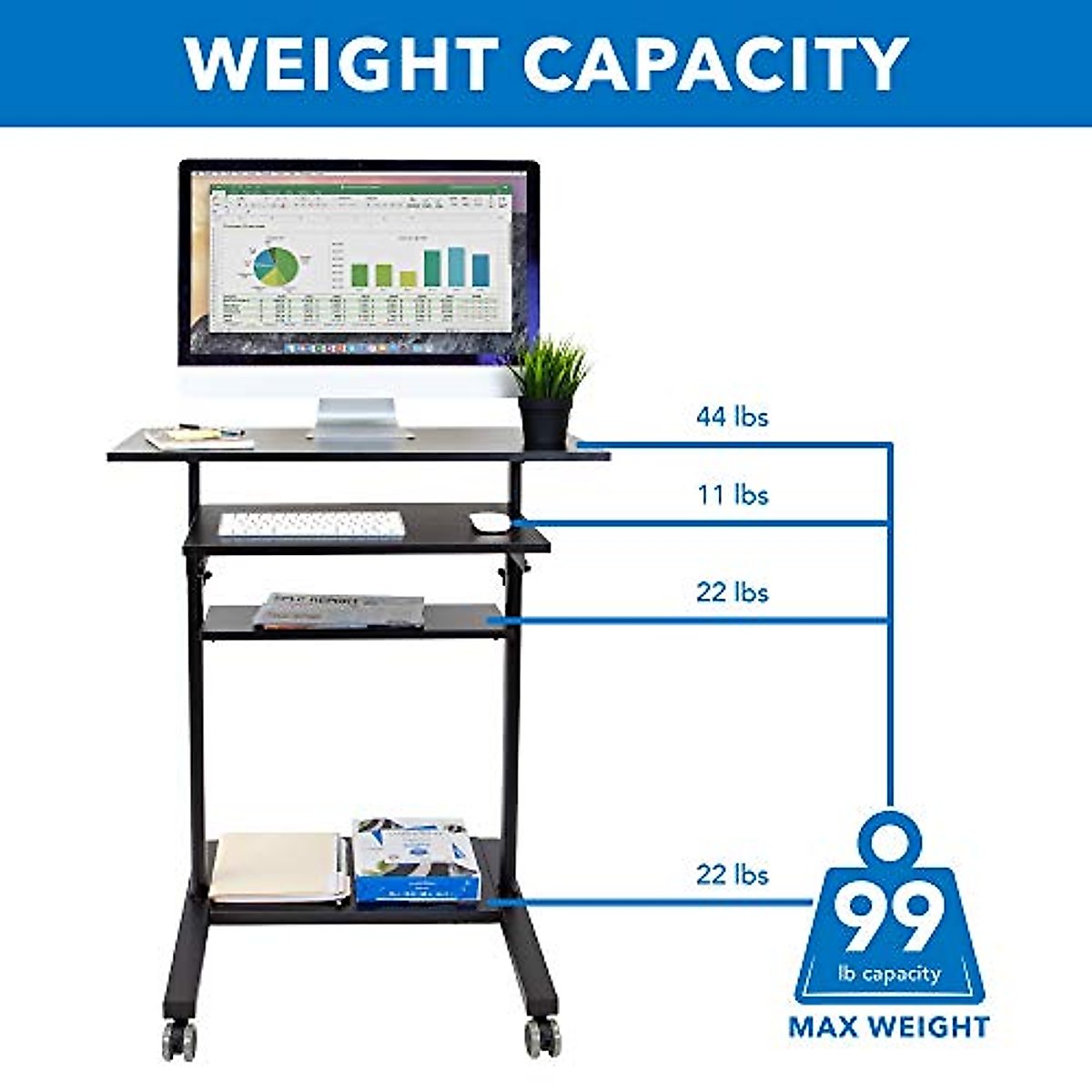 Mount-It! Mobile Standing Desk with Retractable Keyboard Platform | Height Adjustable Stand Up Computer Workstation | Locking Wheels, 99 Lbs Capacity