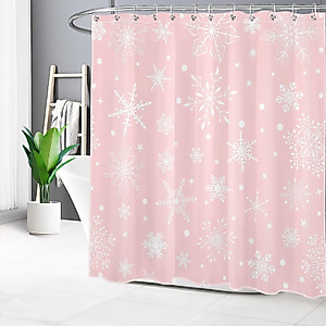 LB Pink Christmas Shower Curtain for Bathroom, Winter Snowflake on Pink and White Fabric Shower Curtain with Hooks, New Year Holiday Bathroom Curtain Shower Set, 72" W x 78" L